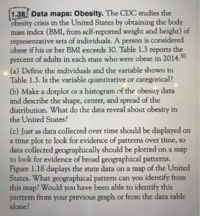 Solved 1.38 Data maps: Obesity. The CDC studies the obesity | Chegg.com