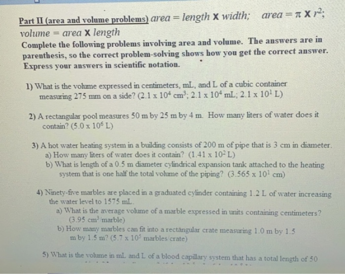 Solved Part II (area and volume problems) area = length X | Chegg.com