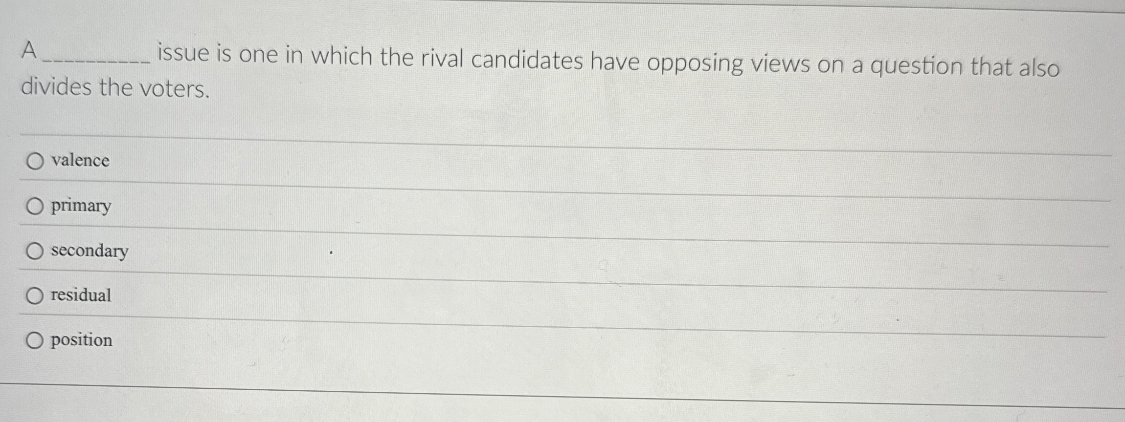 Solved Aissue is one in which the rival candidates have | Chegg.com