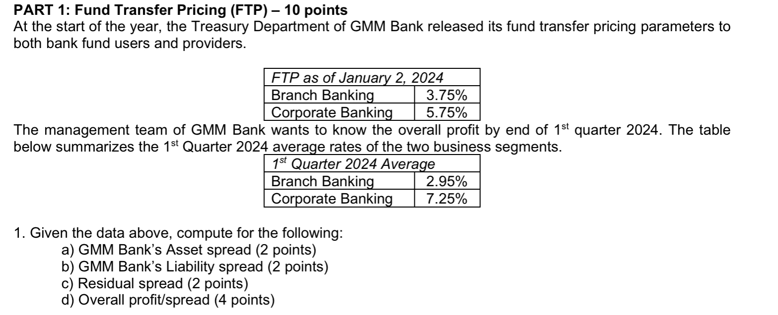 Solved PART 1: Fund Transfer Pricing (FTP) - 10 ﻿pointsAt | Chegg.com