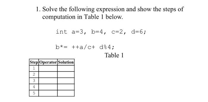 Solved 1. Solve the following expression and show the steps | Chegg.com
