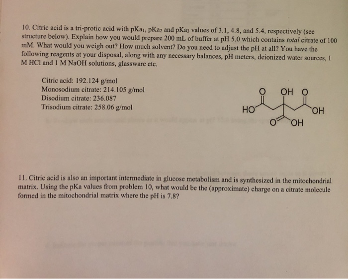10. Citric acid is a tri-protic acid with pKai, pKa, | Chegg.com