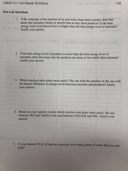 Solved CHEM 1211 Lab Manual 5th Edition 158 Post-Lab | Chegg.com