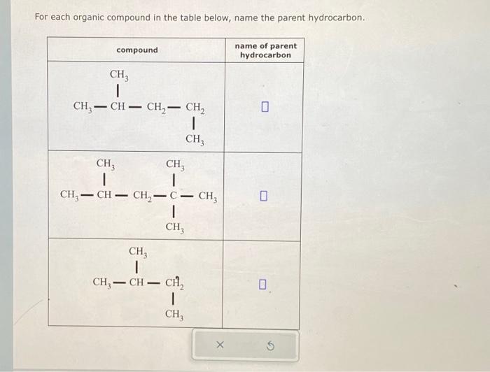 Solved For each organic compound in the table below, name | Chegg.com