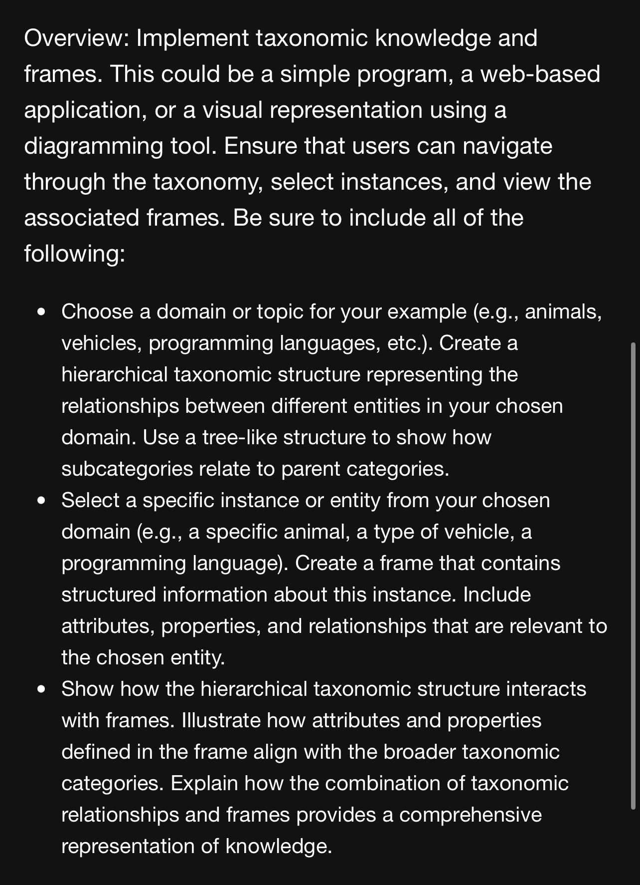 Solved Overview: Implement taxonomic knowledge and frames. | Chegg.com