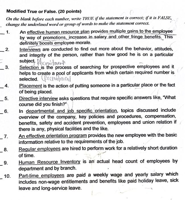Solved Modified True or False. (20 points) On the blank | Chegg.com