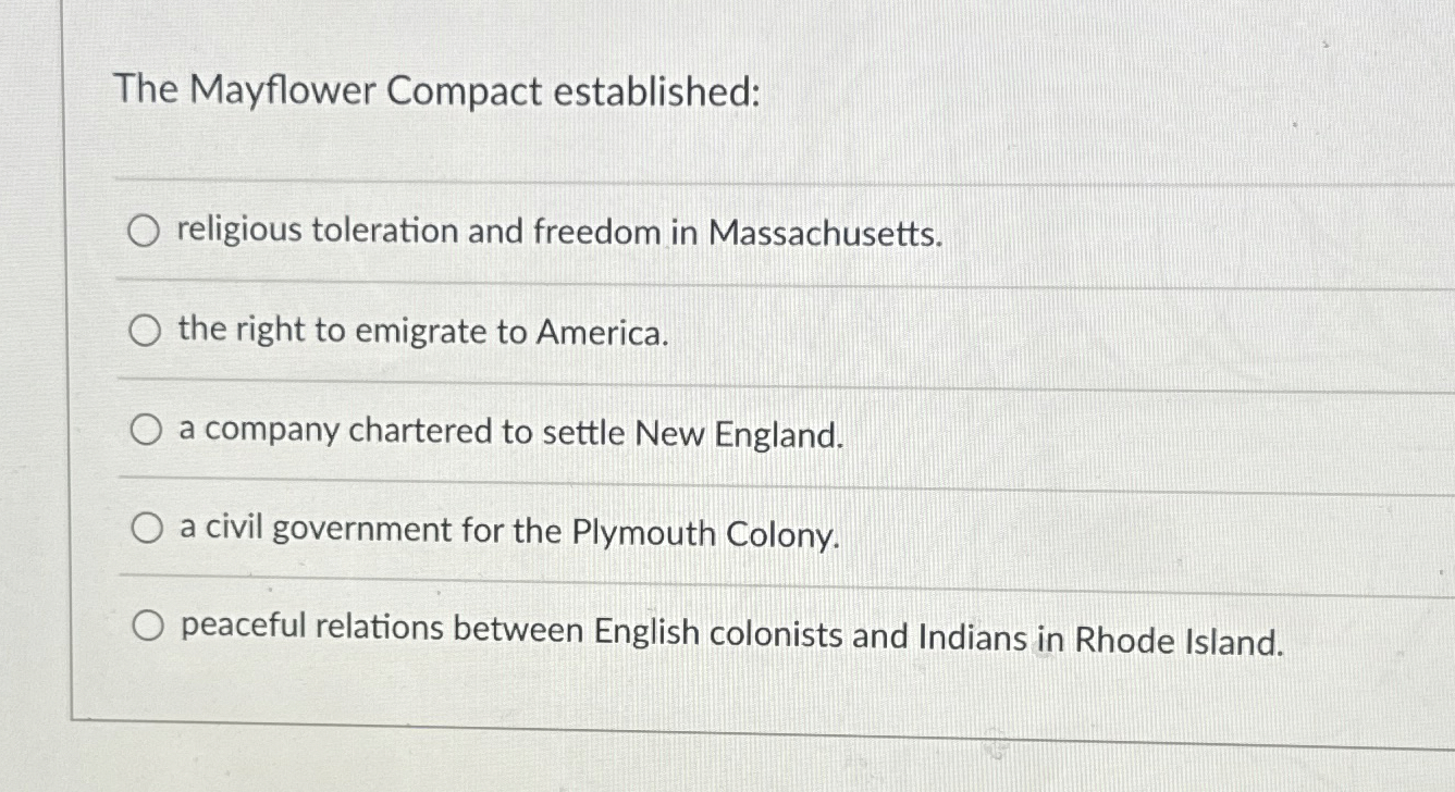 Solved The Mayflower Compact established:religious | Chegg.com