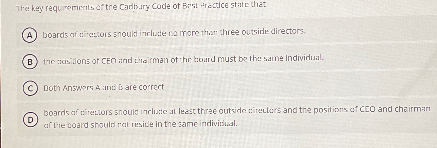 Solved The key requirements of the Cadbury Code of Best | Chegg.com