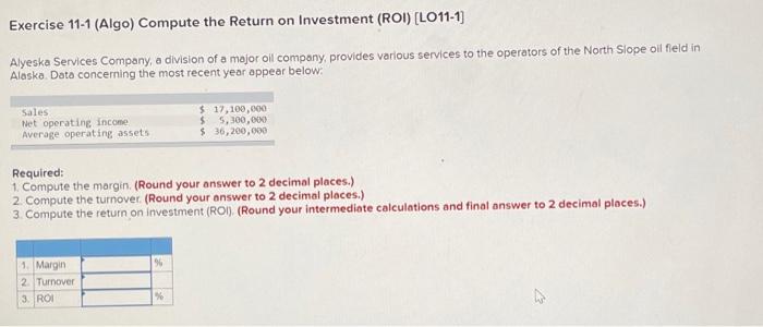 Solved Exercise 11-1 (Algo) Compute the Return on Investment | Chegg.com