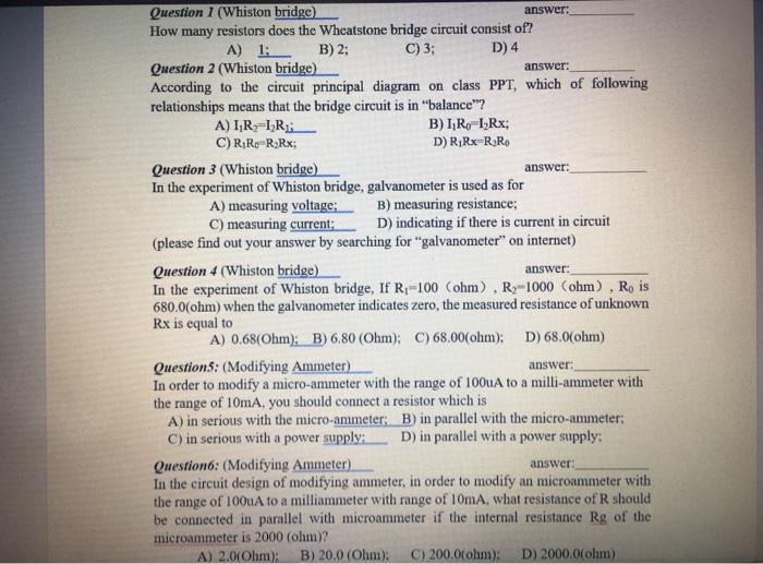Solved answer: answer: Question 1 (Whiston bridge answer: | Chegg.com