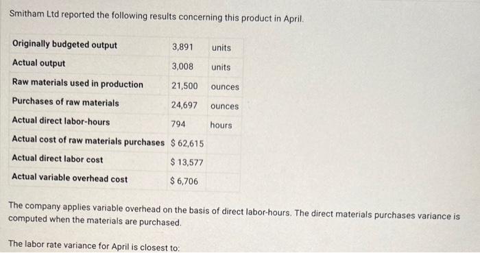 Solved Smitham Ltd makes a product with the following | Chegg.com