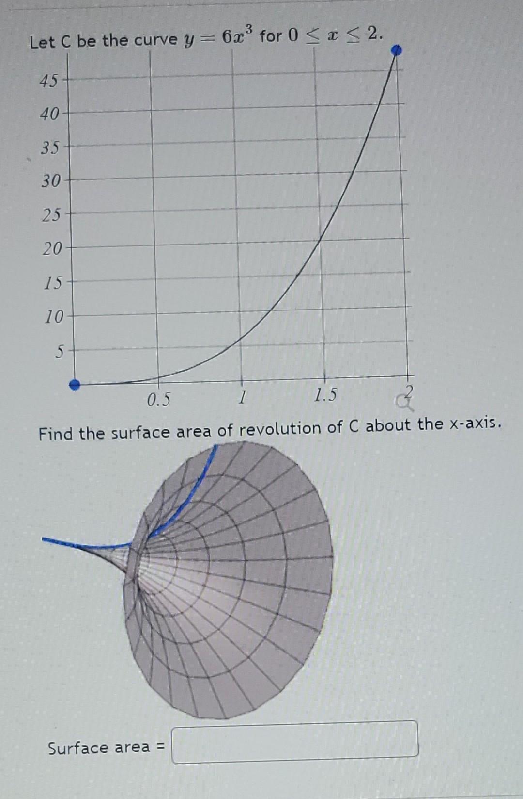 Solved let C be the curve y=6x3 for 0≤x≤2. Find the surface | Chegg.com