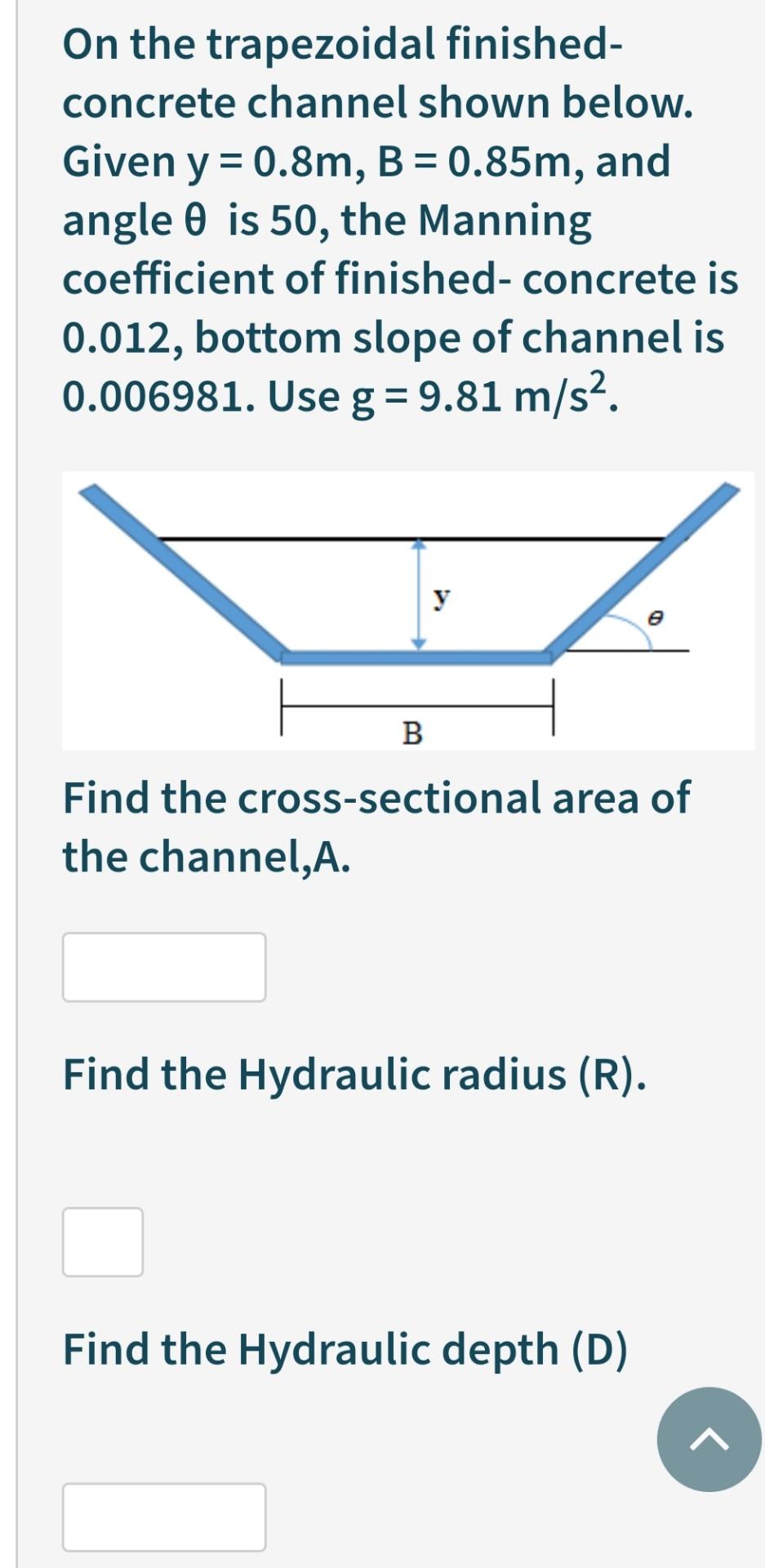 Solved On the trapezoidal finished- concrete channel shown | Chegg.com