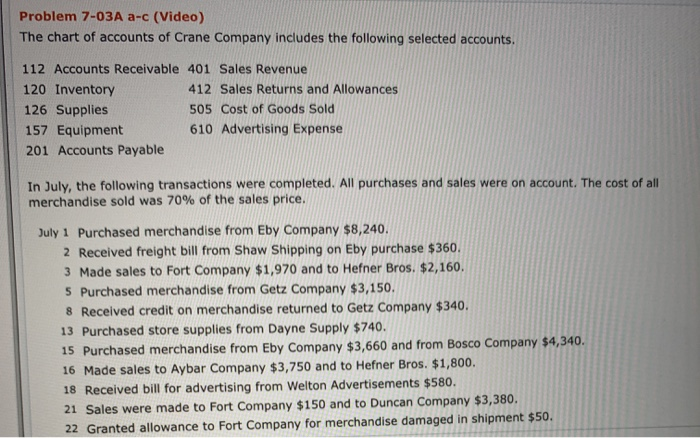 Solved Problem 7-03A a-c (Video) The chart of accounts of | Chegg.com