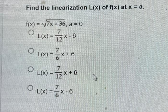 Solved Find the linearization \\( L(x) \\) of \\( f(x) \\) | Chegg.com