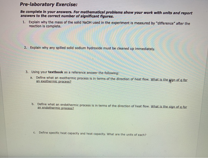 Solved Pre-laboratory Exercise: Be complete in your answers. | Chegg.com
