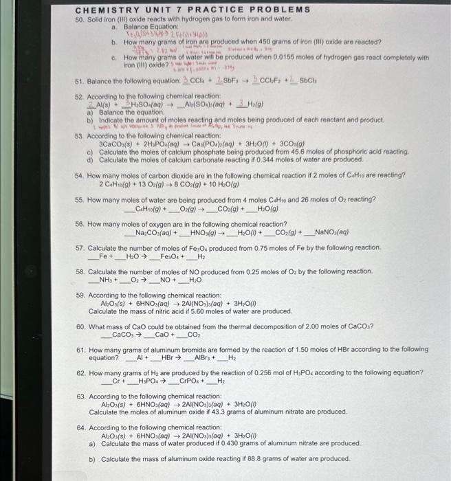 Solved CHEMISTRY UNIT 7 PRACTICE PROBLEMS 50. Solid iron | Chegg.com