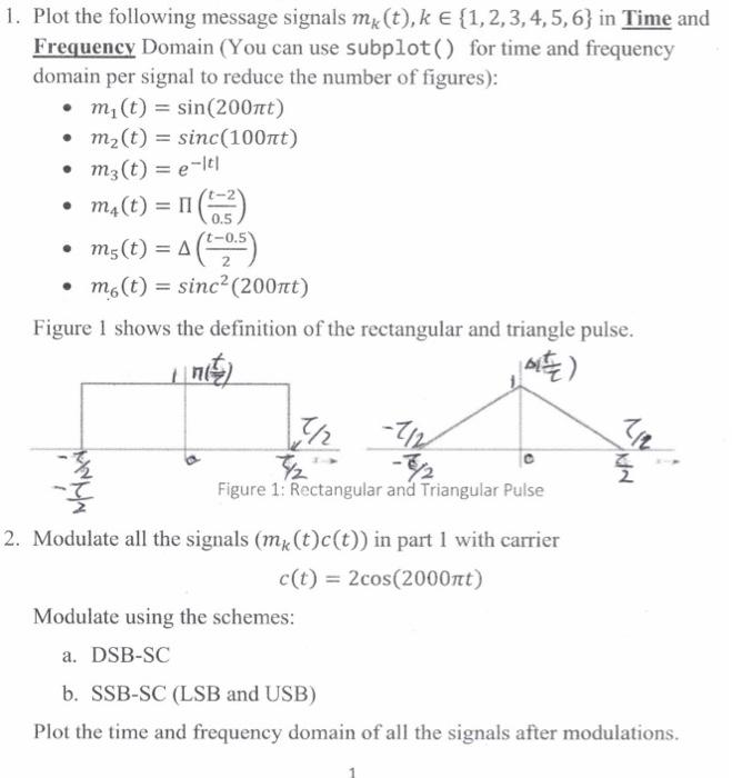 Solved 1. Plot the following message signals | Chegg.com