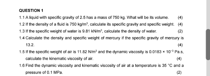 Solved QUESTION 11.1 ﻿A liquid with specific gravity of 2.5 | Chegg.com