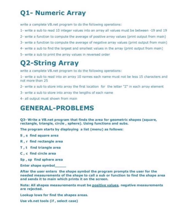 Solved Q1- Numeric Array write a complete VB.net program to | Chegg.com