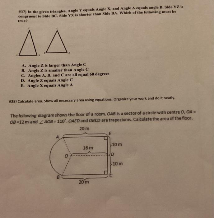 Solved 437) In the given triangles, Angle Y equals Angle X, | Chegg.com