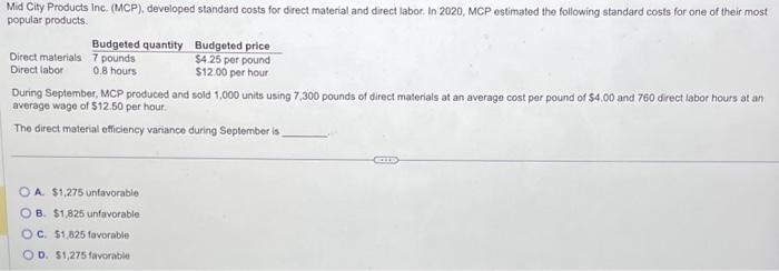 Solved During September, MCP produced and sold 1,000 units | Chegg.com