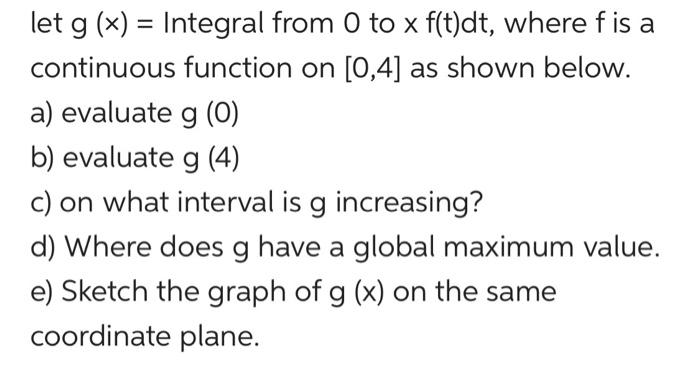 Solved let g (x) = Integral from 0 to x f(t)dt, where fis a | Chegg.com