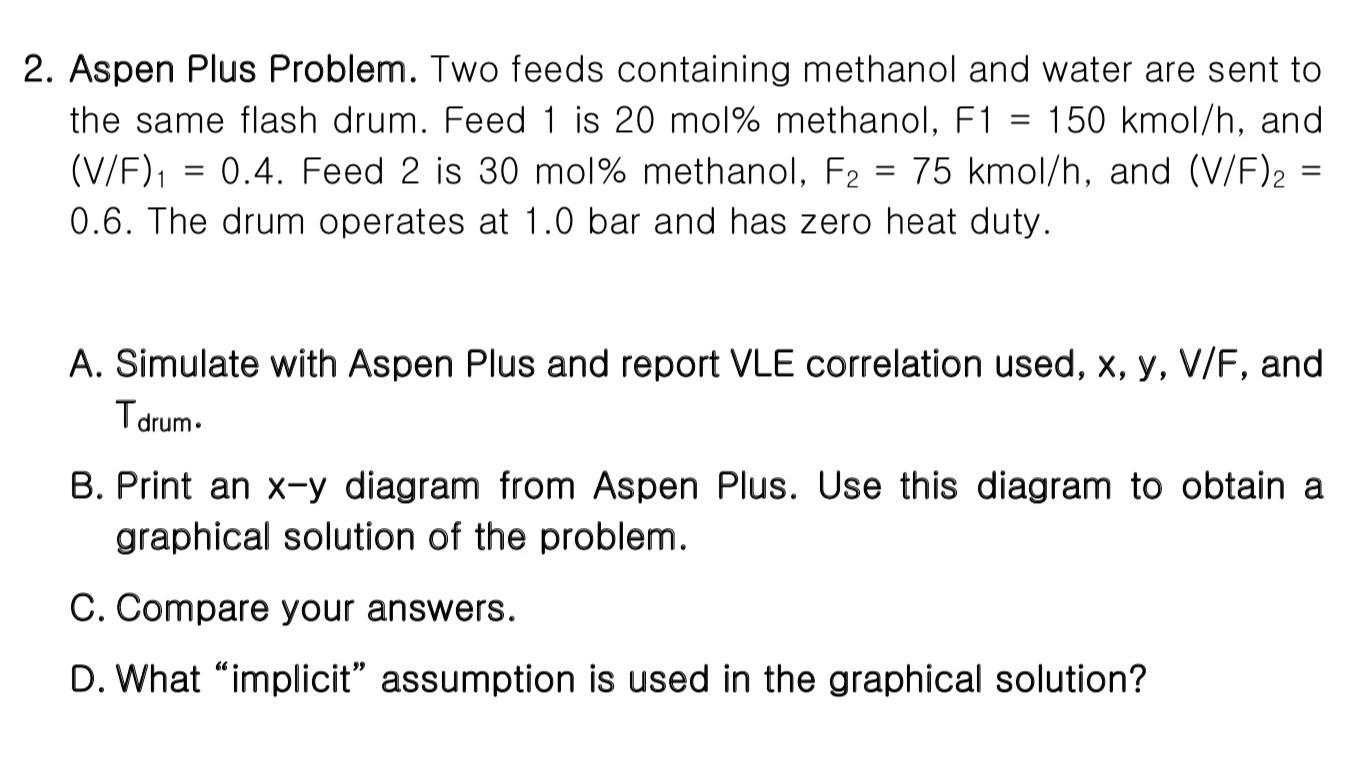 Solved Aspen Plus Problem. Two feeds containing methanol and | Chegg.com