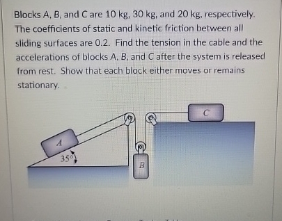 Solved Blocks A, ﻿B, ﻿and C are 10kg,30kg, ﻿and 20kg, | Chegg.com