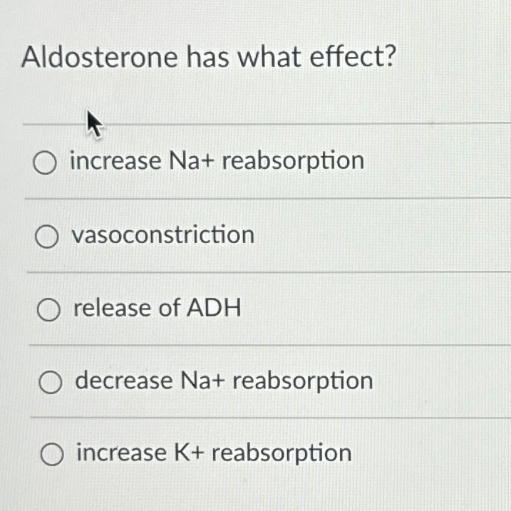 Solved Aldosterone has what effect?q,increase Na+ | Chegg.com