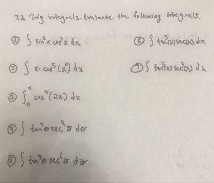Solved 7.2 Trig integrals. Evaluate the following integrals. | Chegg.com