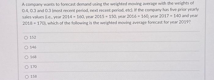 Solved A company wants to forecast demand using the weighted | Chegg.com