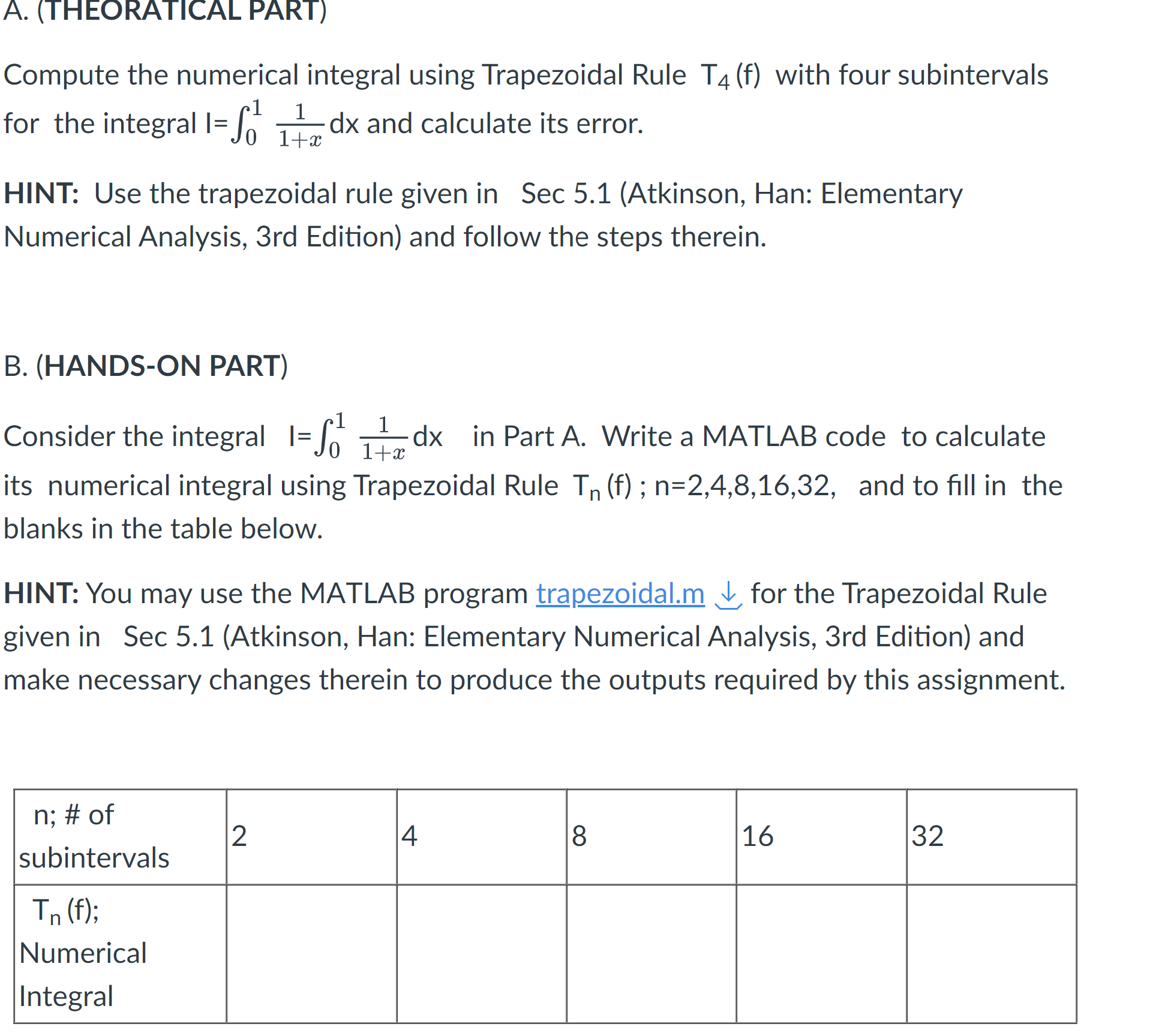 Solved Compute the numerical integral using Trapezoidal Rule | Chegg.com