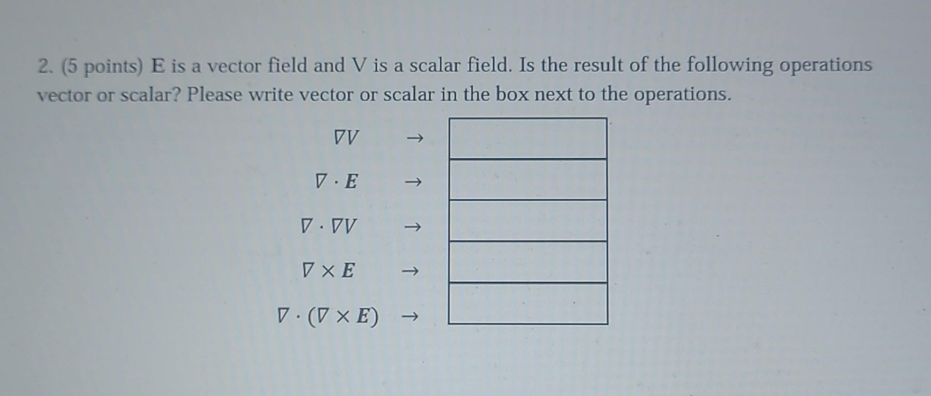 Solved 2. (5 points) E is a vector field and V is a scalar | Chegg.com
