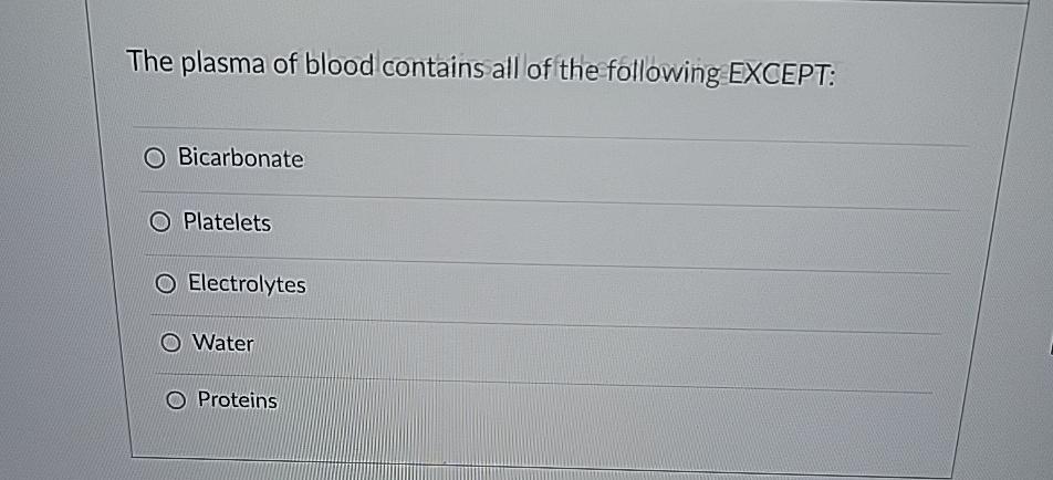 Solved The plasma of blood contains all of the following | Chegg.com