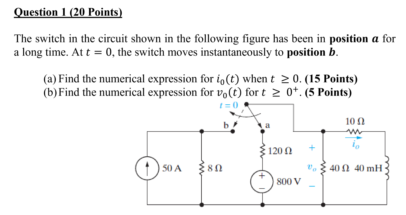 Solved Question 1 (20 ﻿Points)The switch in the circuit | Chegg.com