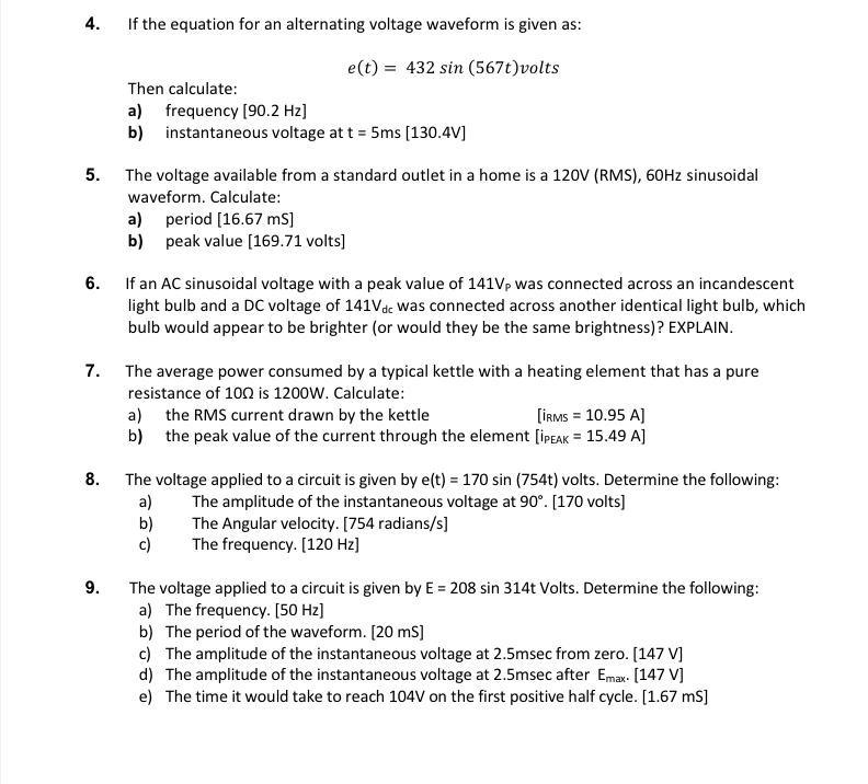 Solved If the equation for an alternating voltage waveform | Chegg.com