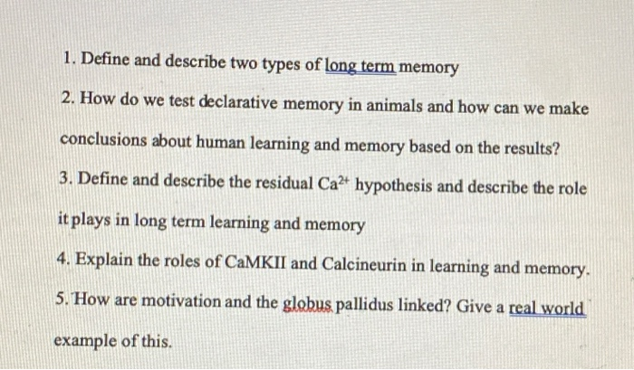Solved 1. Define and describe two types of long term memory | Chegg.com