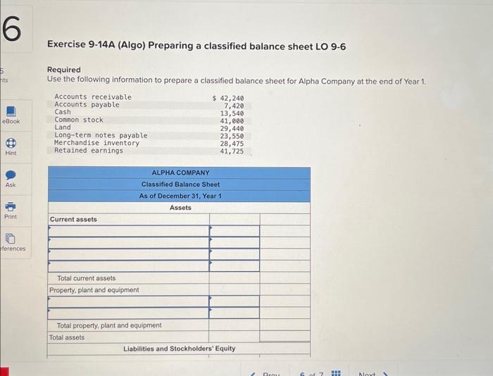 Solved Exercise 9-14A (Algo) Preparing a classified balance | Chegg.com