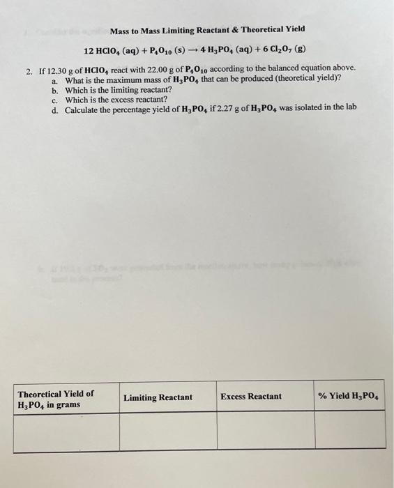 Solved Mass to Mass Limiting Reactant \& Theoretical Yield | Chegg.com