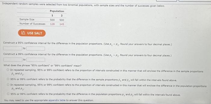 Solved Independent Random Samples Were Selected From Two