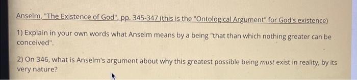 Anselm, "The Existence of God", pp. 345-347 (this is | Chegg.com