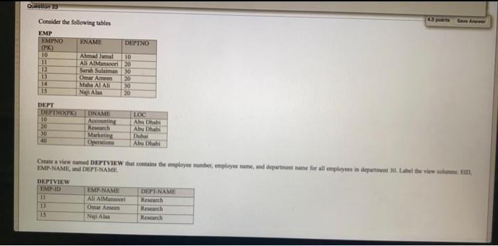 Solved on 28 Consider the following tables EMP FMPNO ENAMI | Chegg.com