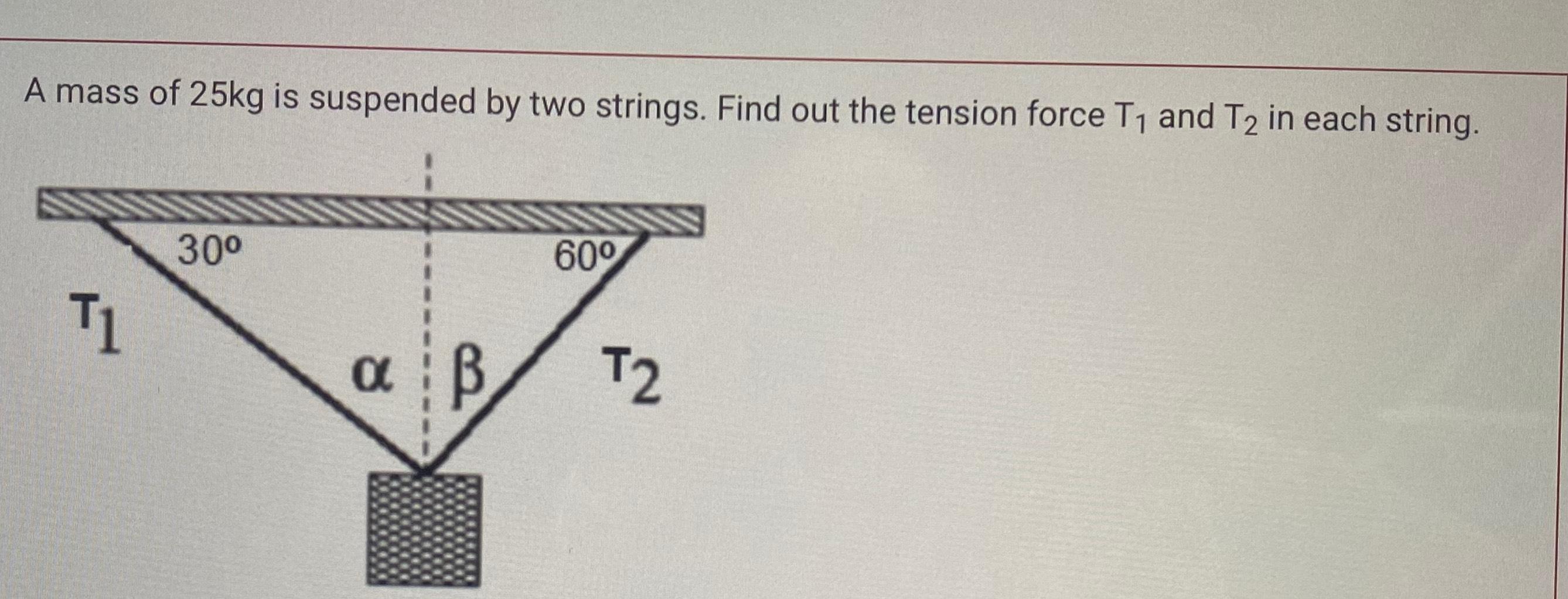 Solved A mass of 25kg ﻿is suspended by two strings. Find out | Chegg.com