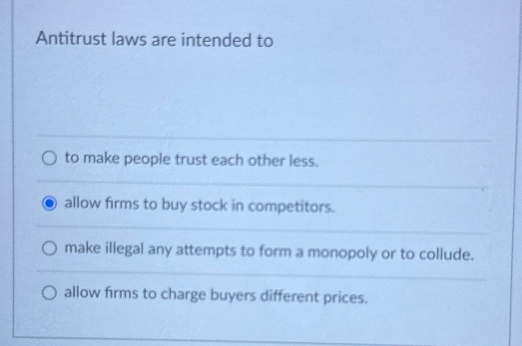 Solved Antitrust laws are intended toto make people trust | Chegg.com