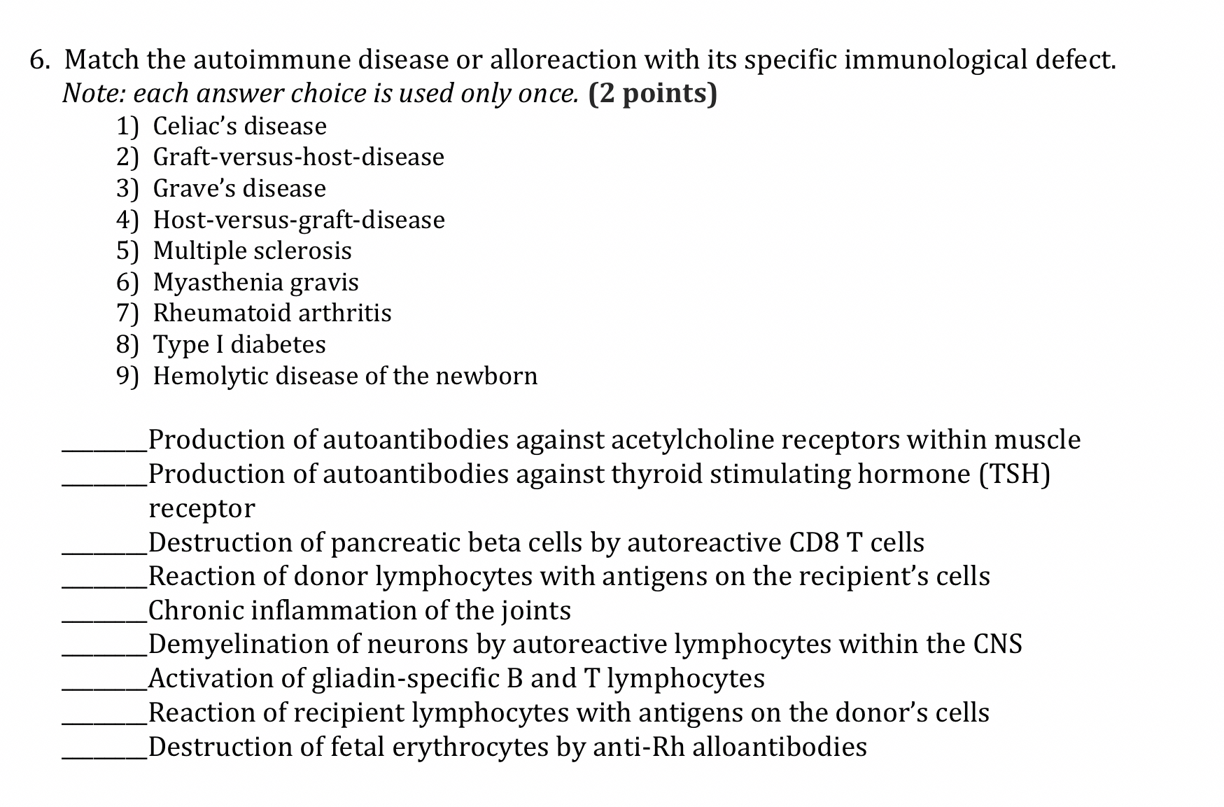 Solved Match the autoimmune disease or alloreaction with its | Chegg.com