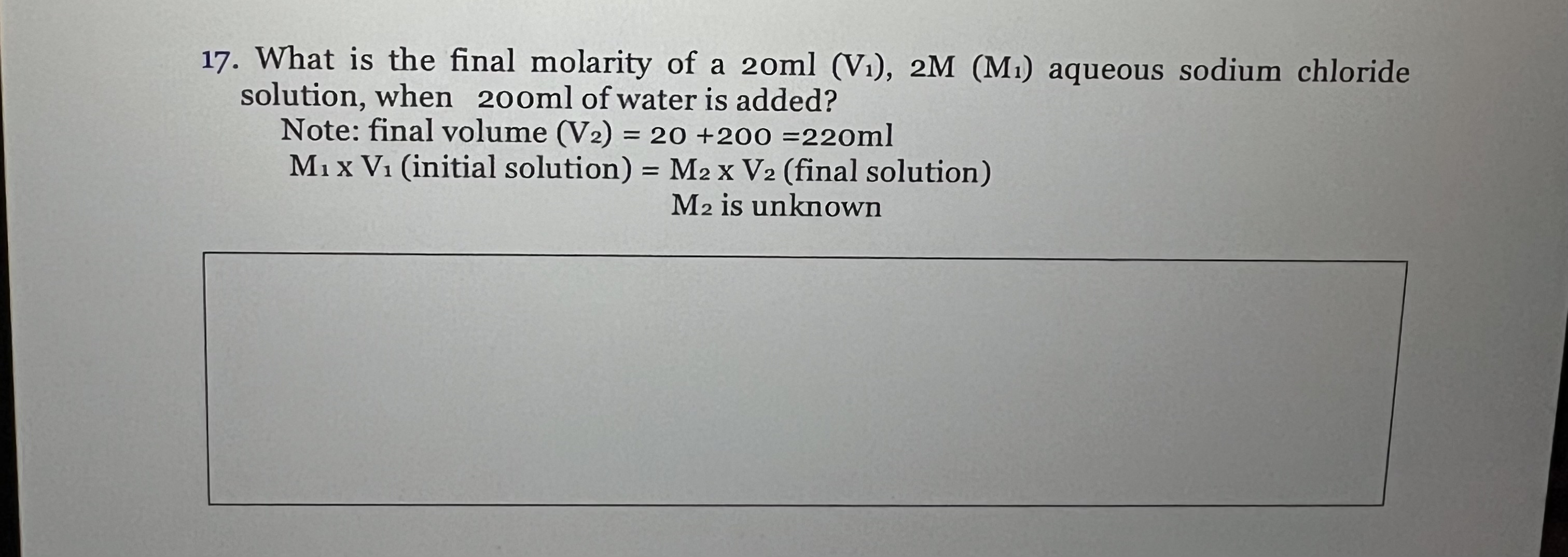 Solved What is the final molarity of a 20ml(V1),2M(M1) | Chegg.com