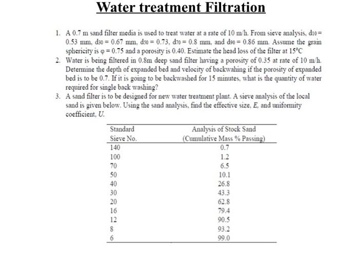 Solved Water treatment Filtration 1. A 0.7 m sand filter | Chegg.com