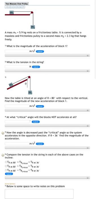 Solved A mass m1=5.9 kg rests on a frictionless table. It is | Chegg.com
