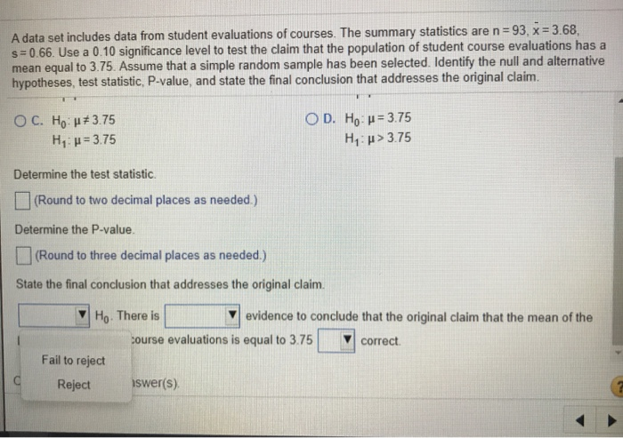 Solved A data set includes data from student evaluations of | Chegg.com
